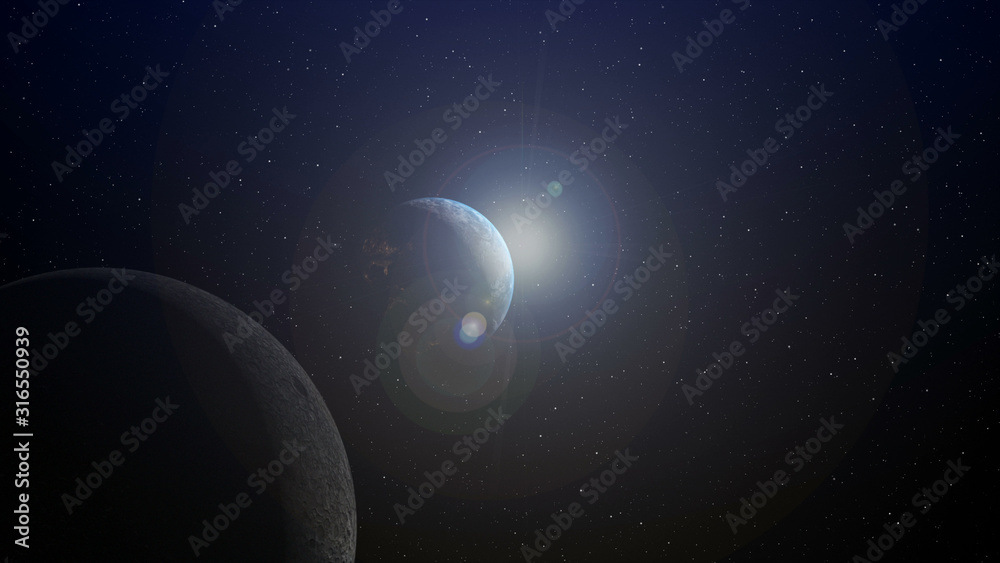 Realistic earth planet with sunrise at the horizon by 3d rendering ...