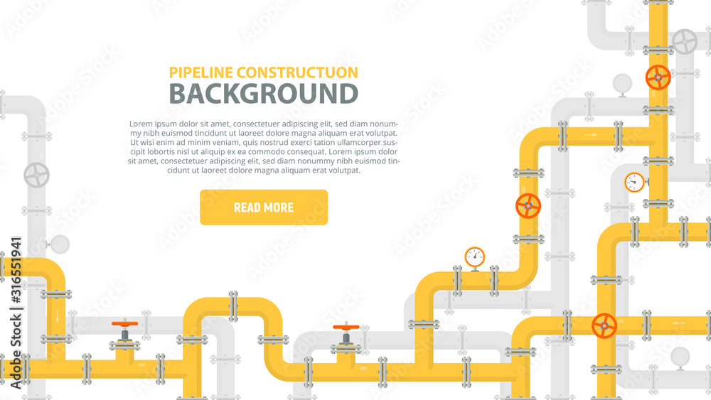 Industrial background with yellow pipeline. Oil, water or gas pipeline ...
