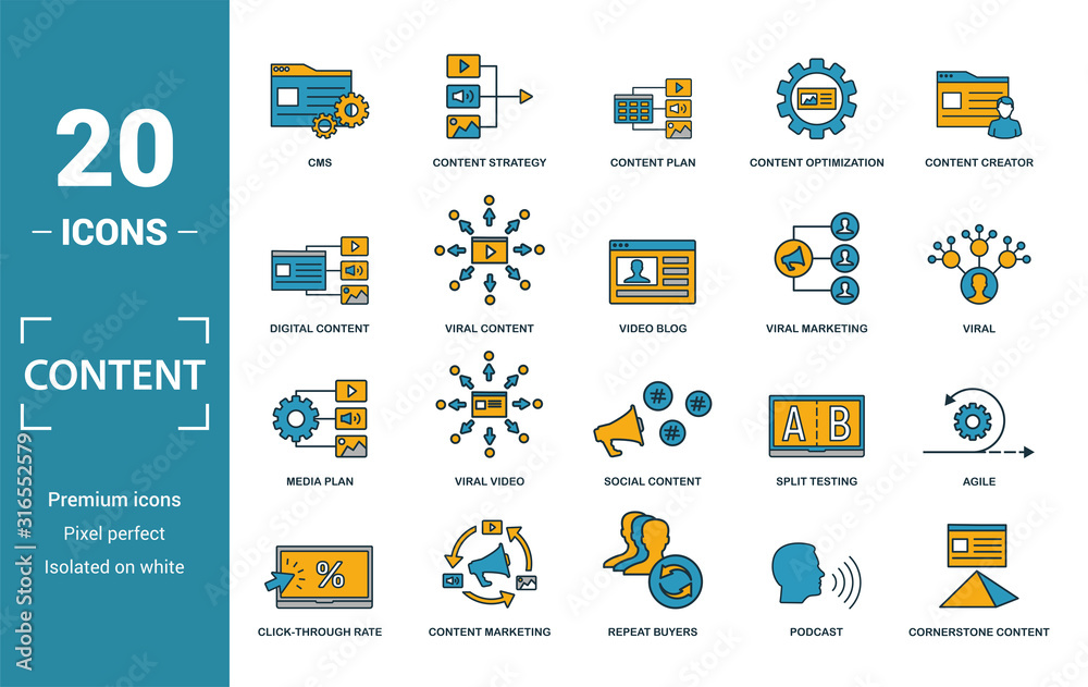 Content icon set. Include creative elements cms, content plan, digital ...