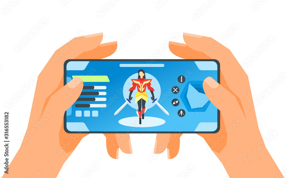 Mobile game moba character on phone screen vector illustration and ...