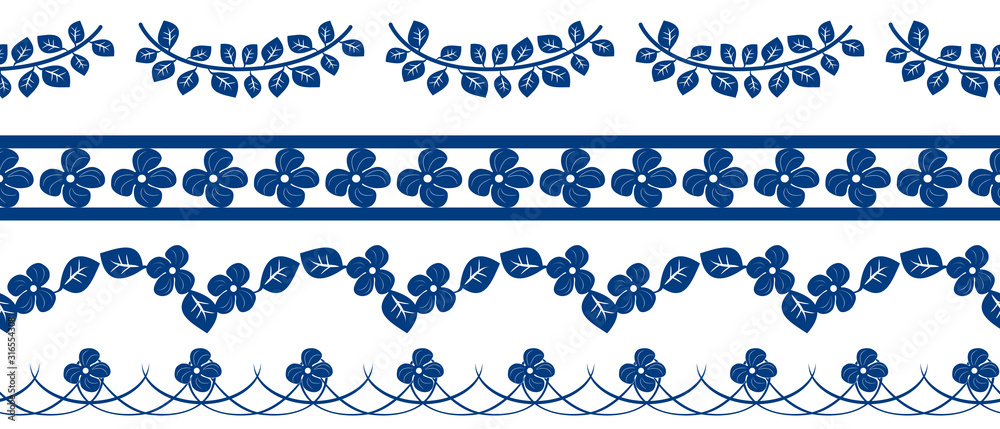 Porcelain borders set. Hand draw blue and white floral pattern ...