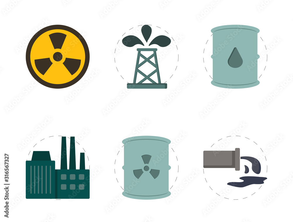 pollution flat icon set with toxic waste, oil barrel, oil well vector ...