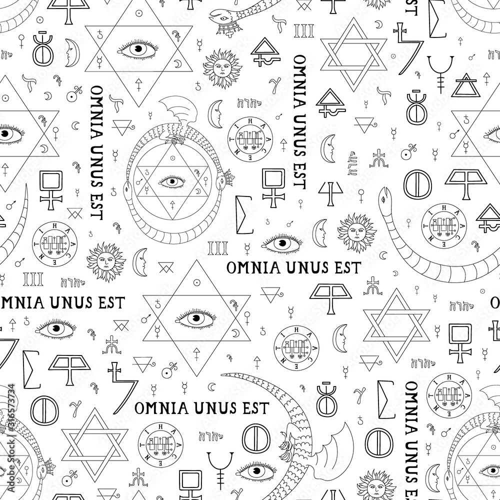 Seamless pattern on the theme of alchemy and mysticism with occult ...