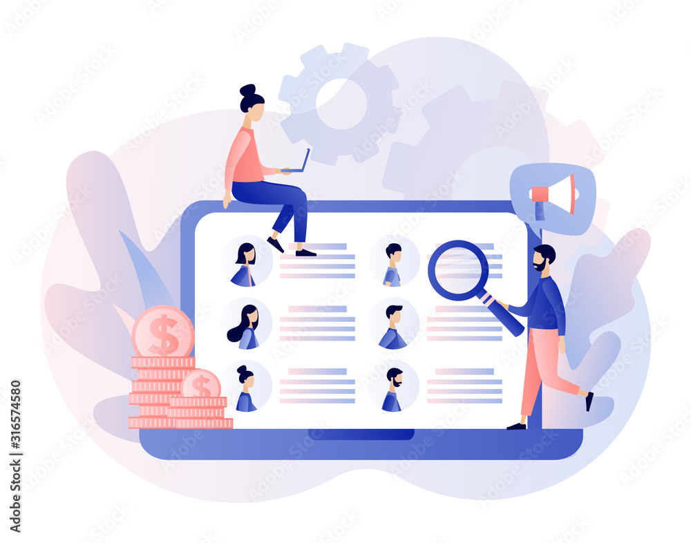 Job hiring and job search concept. Headhunting. Tiny people interviewed ...