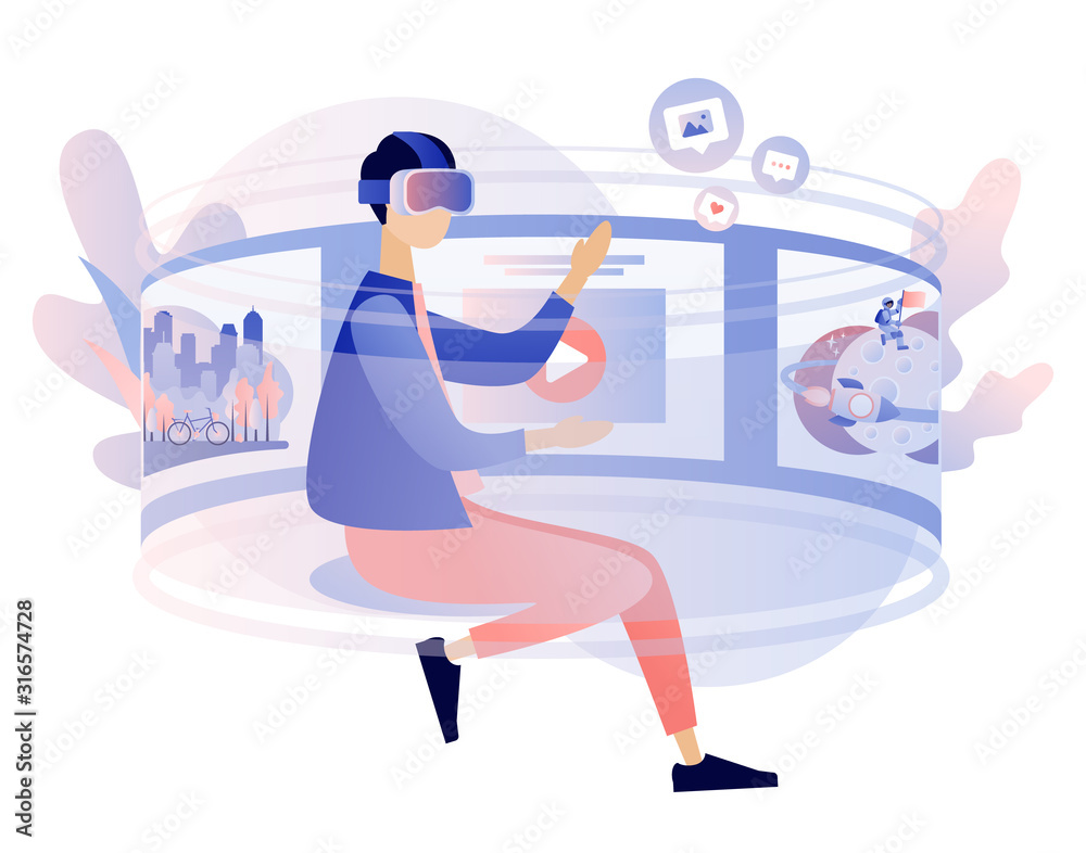 Virtual reality concept. Tiny guy using virtual reality glasses. VR ...