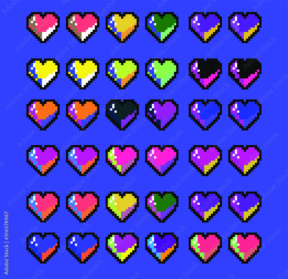 Pattern made of pixelated hearts like in old 8-bit arcade video game ...