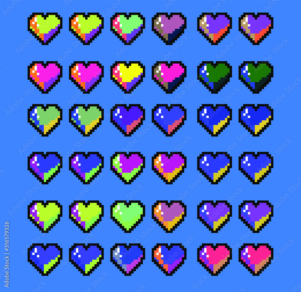 Pattern made of pixelated hearts like in old 8-bit arcade video game ...