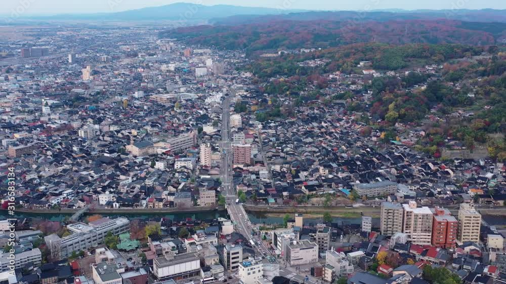 Aerial view of cityscape of Kanazawa, capital city of Ishikawa ...
