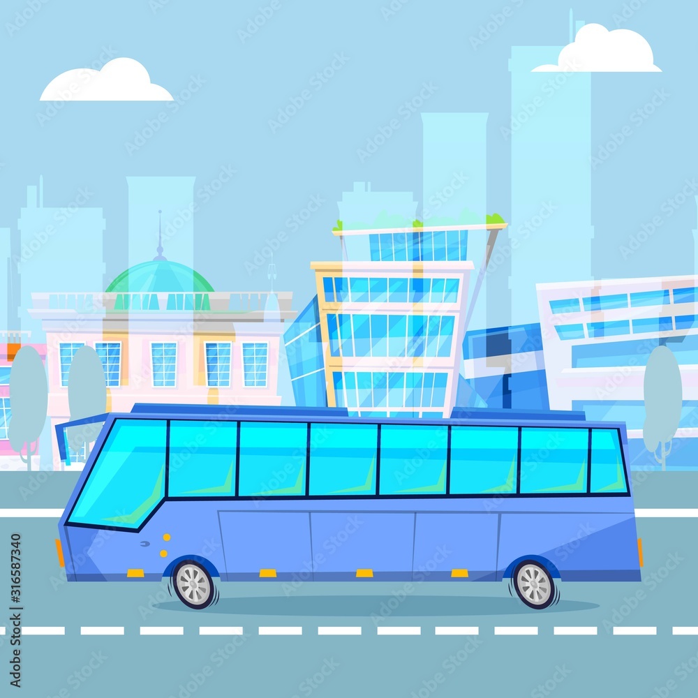 City tourist driving bus on cityscape cartoon vector illustration. City ...