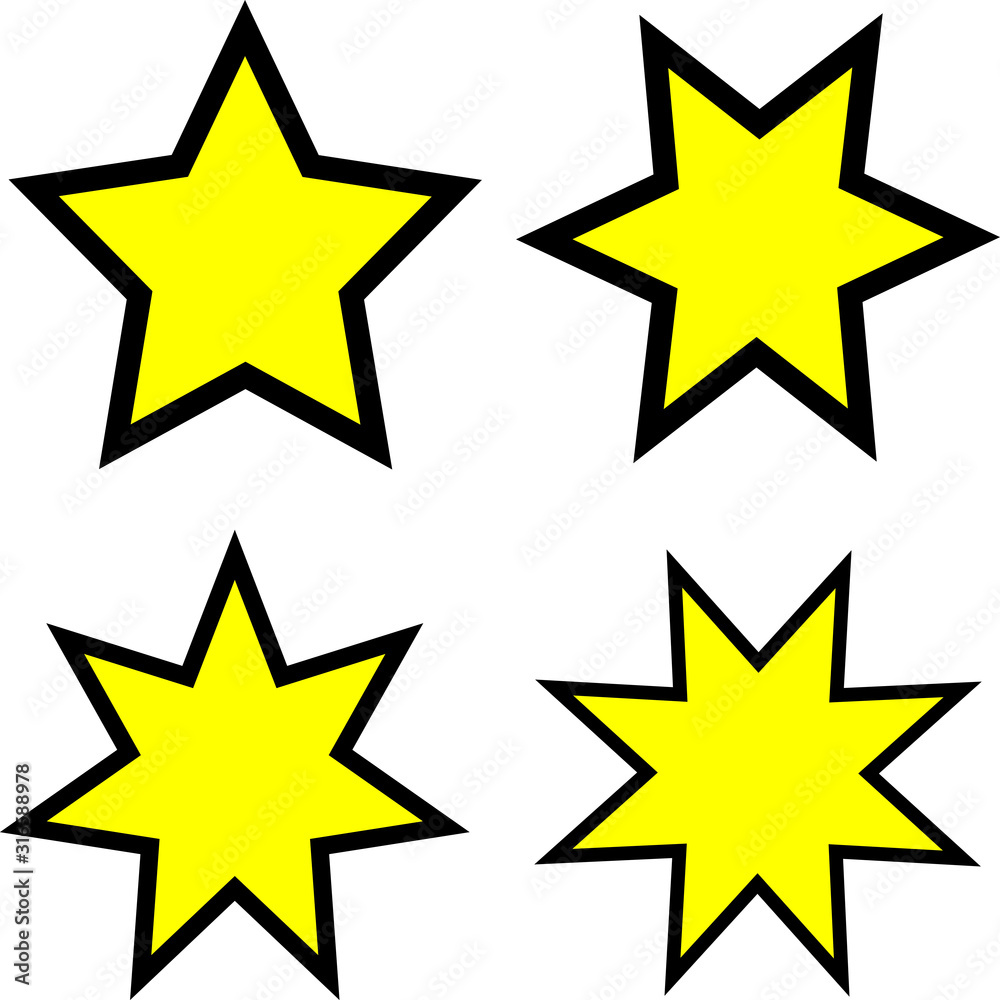 Assorted isolated yellow star icons. Black border stock vector. Flat ...