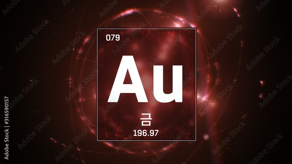 3D illustration of Gold as Element 79 of the Periodic Table. Red ...