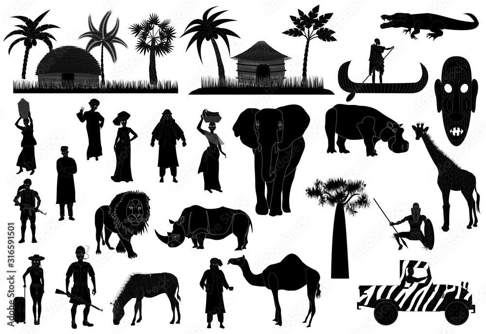 Africa vector set, black and white silhouettes, icons Stock Vector ...