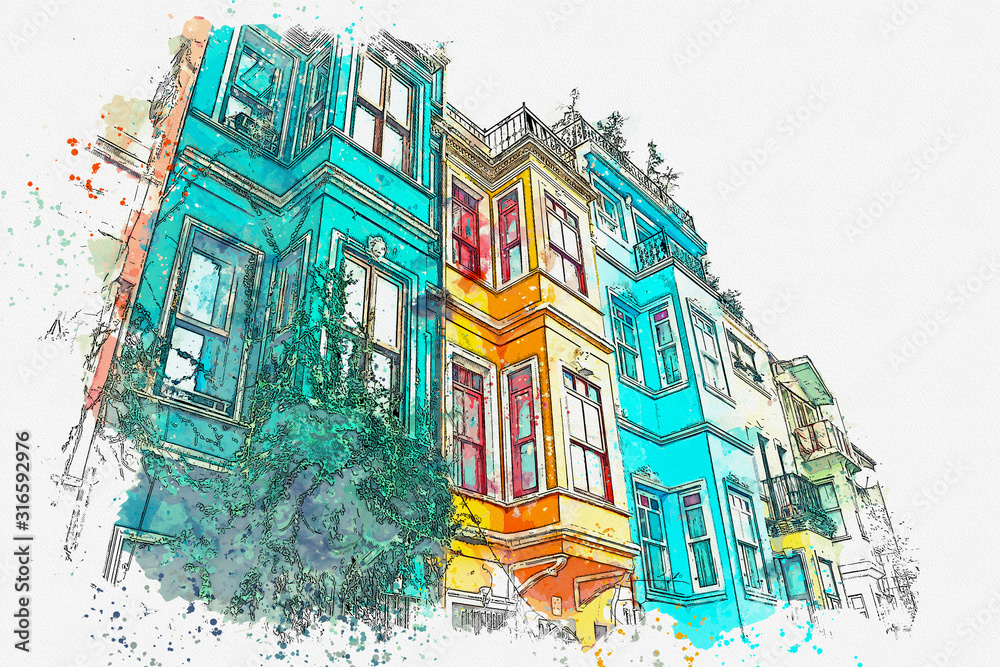Watercolor sketch of ancient traditional apartment buildings in the ...