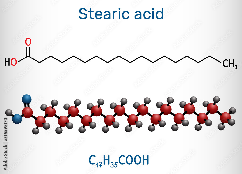 Stearic acid, octadecanoic, saturated fatty acid molecule. Structural ...