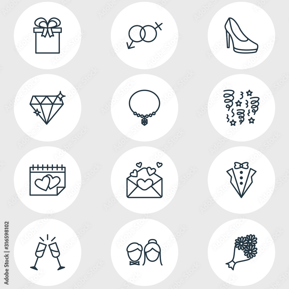Vector illustration of 12 marriage icons line style. Editable set of ...