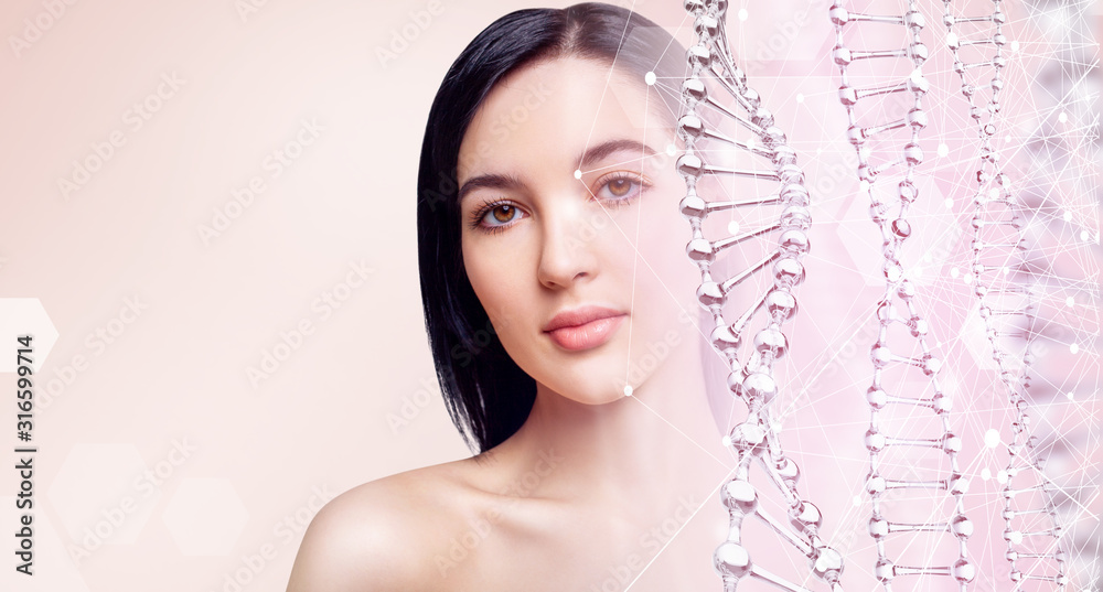 Sensual woman and glass DNA stems over light pink background. Stock ...