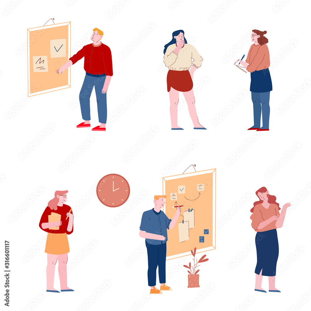 Office People Set. Employees Use Agile Methodology with Sticking Papers ...