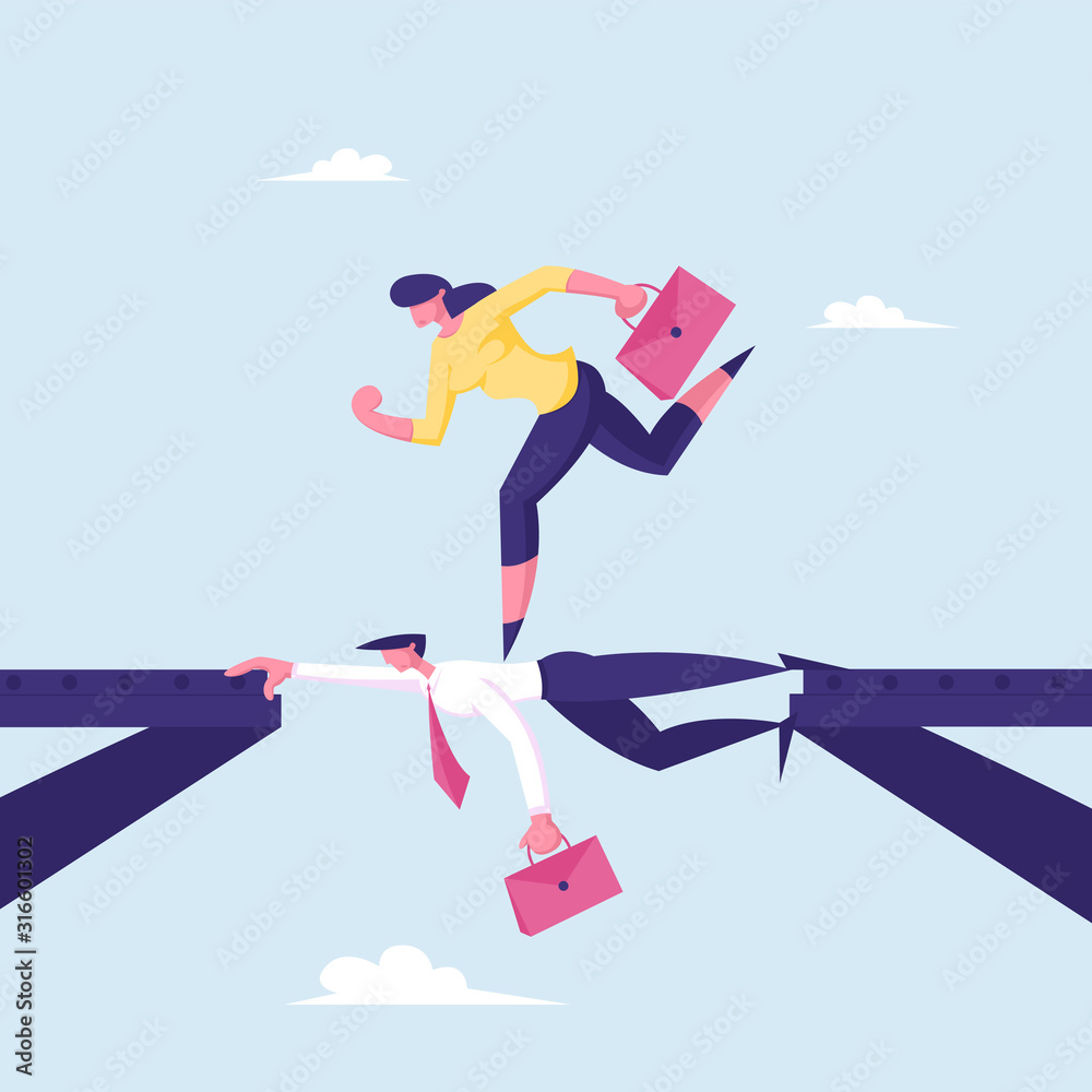 Business Woman Overcome Abyss Going by Back of Businessman like on ...