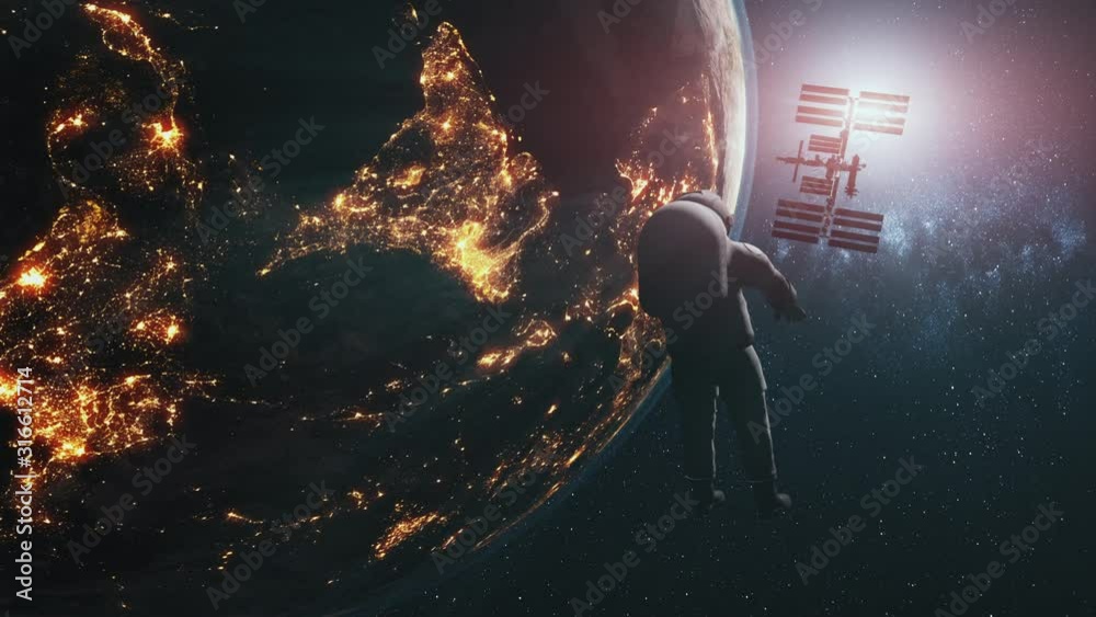 Vidéo Stock Realistic astronaut ISS revolving above Earth. Planet orbit ...