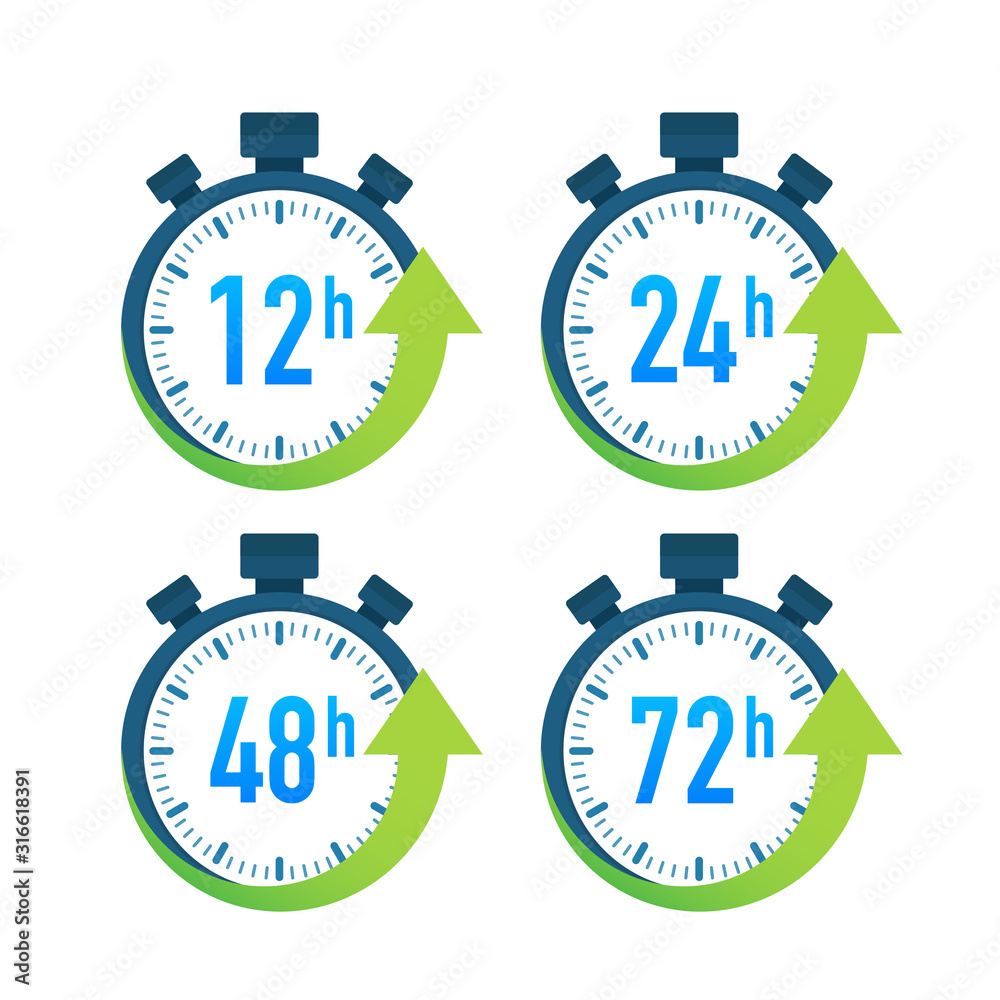 12, 24, 48, 72 hours clock arrow. Work time effect or delivery service ...