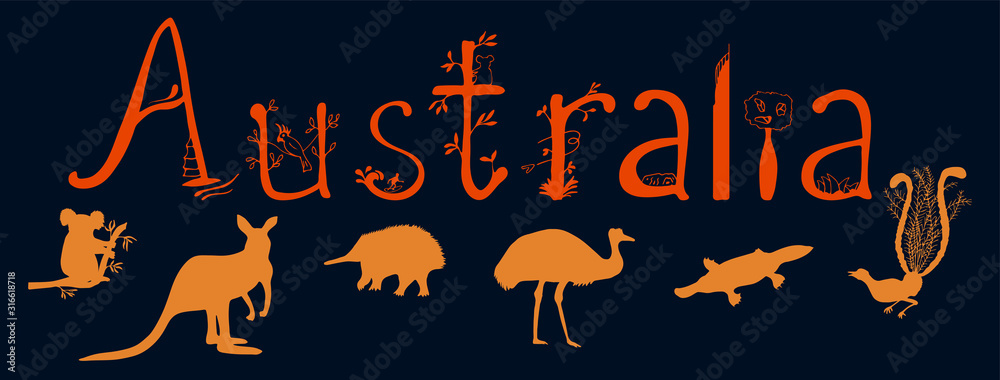 Vector illustration of Australian animals and word Australia. Kangaroo ...