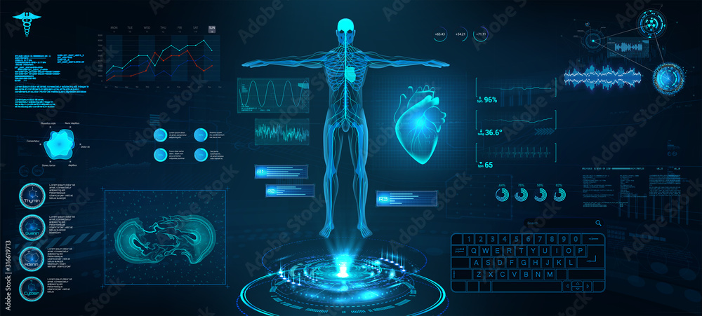 Modern medical examination in HUD style. Scan of the heart and its ...