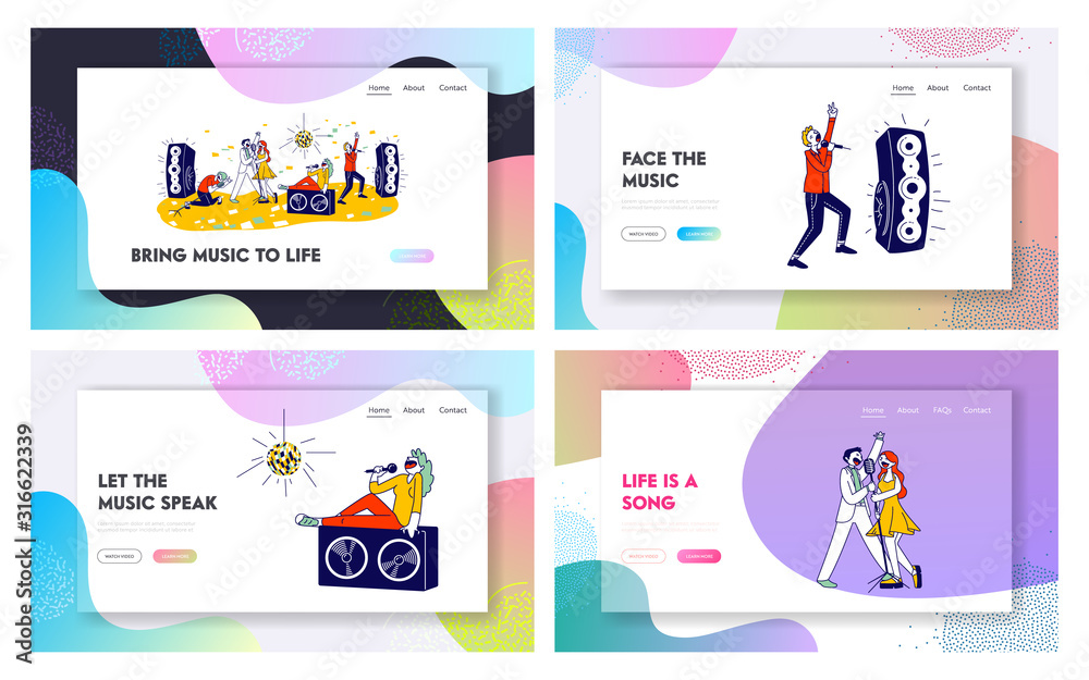 Young People Dancing and Singing in Karaoke Club Website Landing Page ...