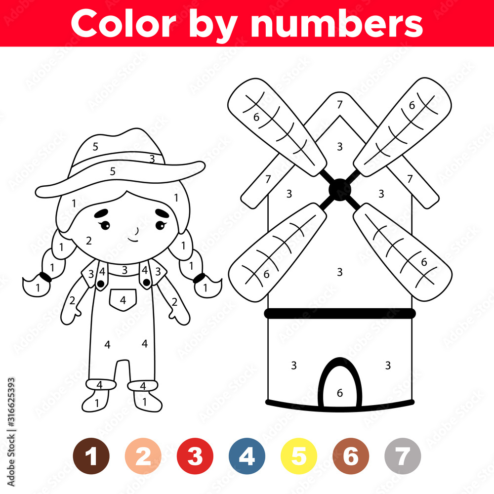 Coloring page by numbers. Cute kawaii cartoon girl farmer and windmill ...