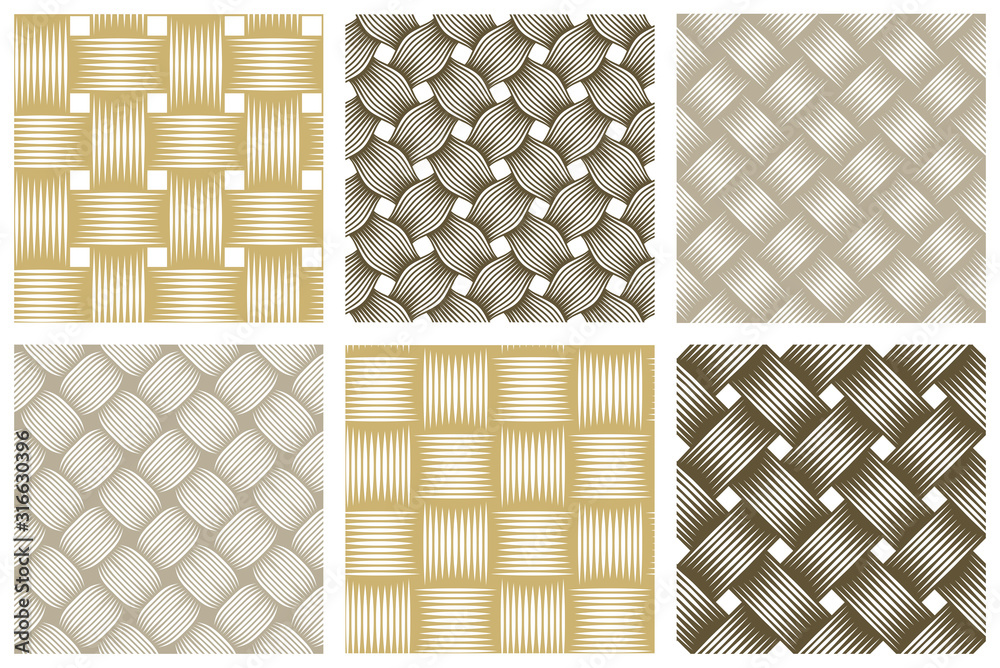 Vecteur Stock Seamless vector weaving patterns set, linear backgrounds ...