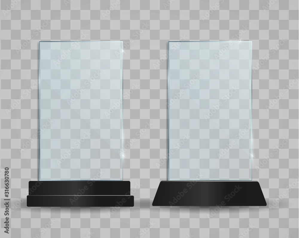 Set of transparent glass awards, trophy glass table display. plastic ...