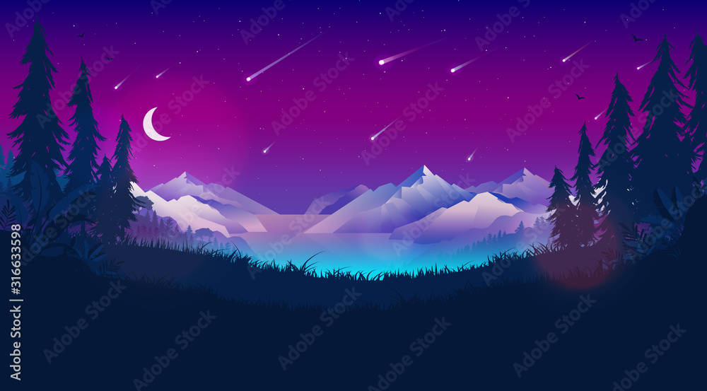 Meteor shower. Falling stars in the night sky. Meteorites, comets, moon ...