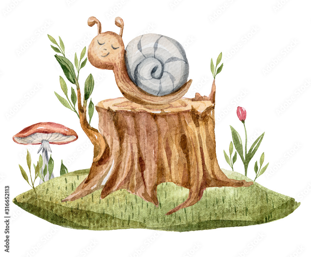 Watercolor hand painted cute cartoon grey snail on a stump. Lovely ...
