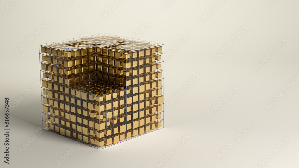 cube grid with different sized gold boxes, symbolizing a bank vault or ...