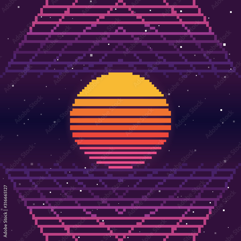 Vecteur Stock Vector pixel art of 80s Retro sci-Fi background. Pixel ...