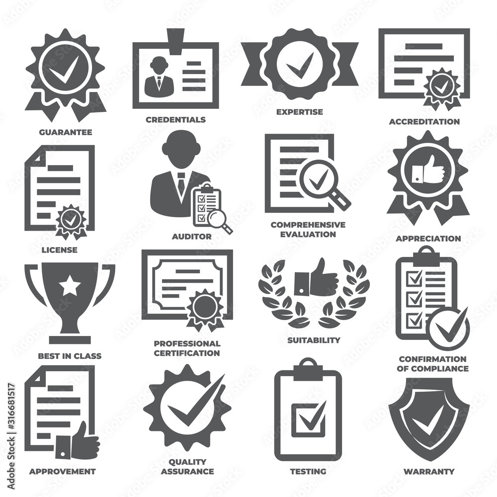 Approvement and accreditation icons set on white background Stock ...