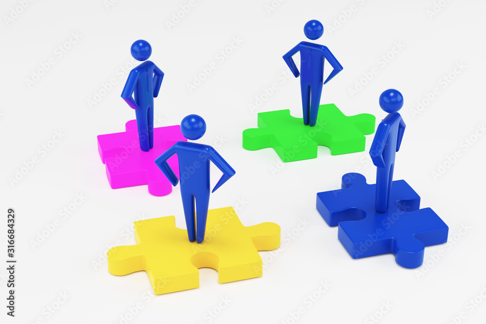 Four 3d man are standing on pieces of the puzzle. Teamwork concept. 3d ...