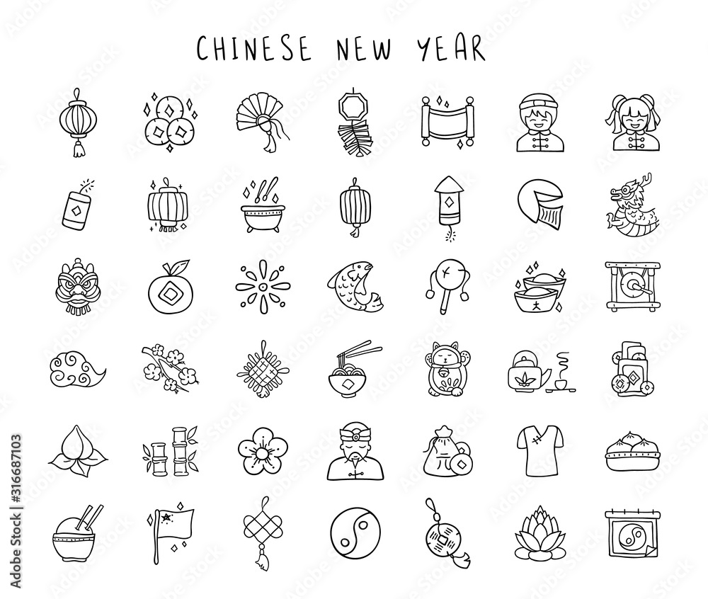 Chinese New Year line hand drawn icon set - black outline handmade ...