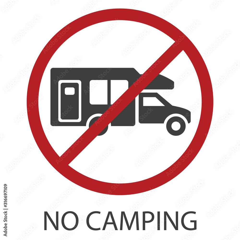 No camping icon. Forbidding sign in a simple flat style. Crossed out ...