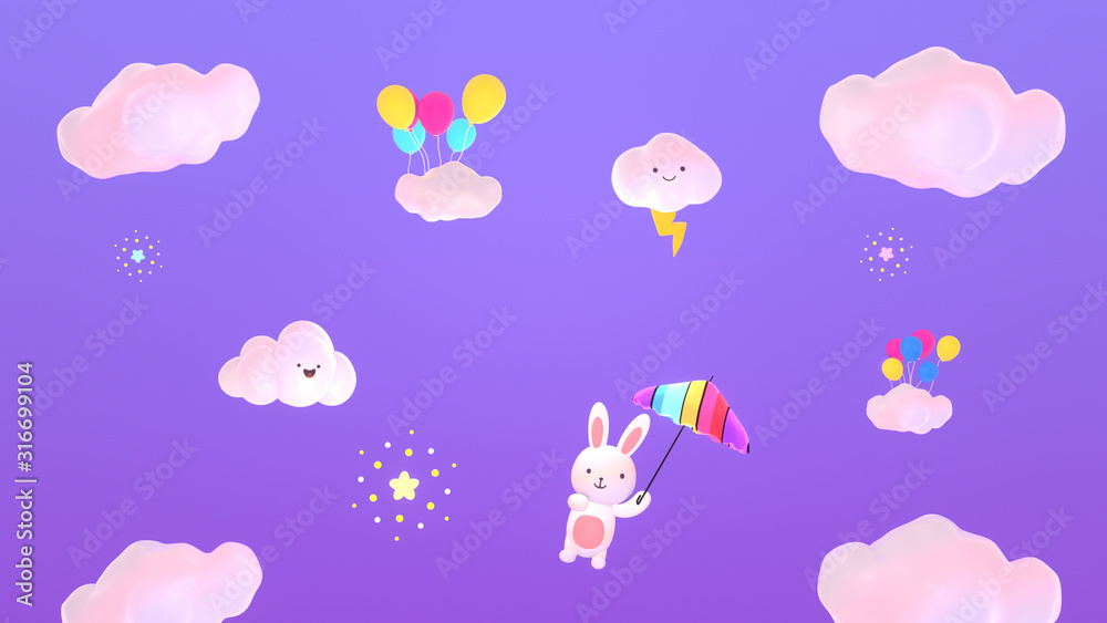 Cartoon little bunny holding a magic rainbow umbrella flying in the ...