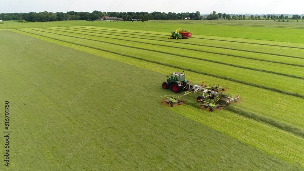 Aerial view of tractor creating windrows of grass for silage used for ...