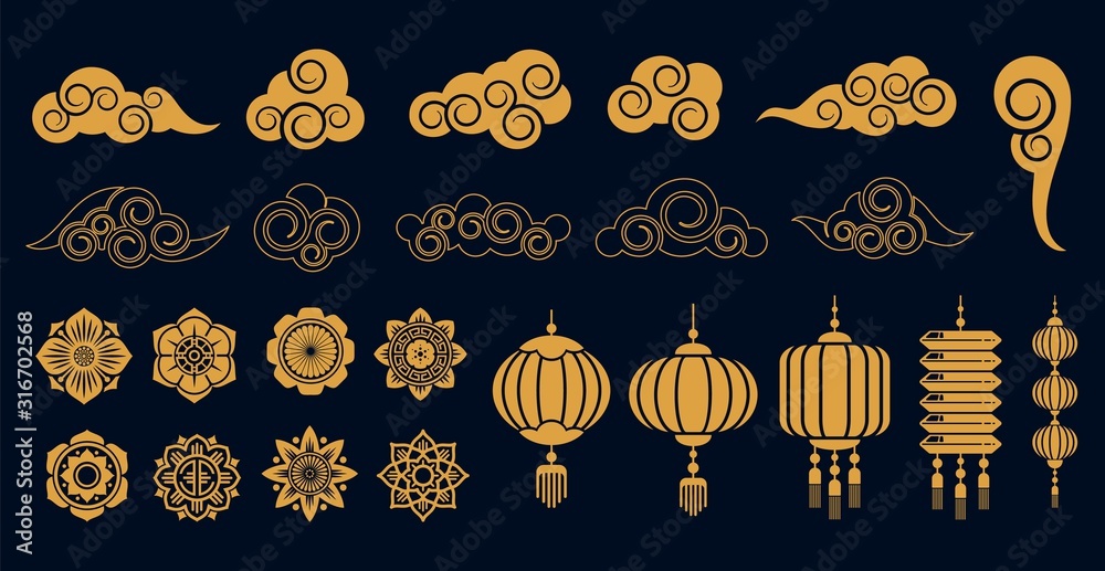 Oriental elements. Asian gold traditional decoration, chinese and ...