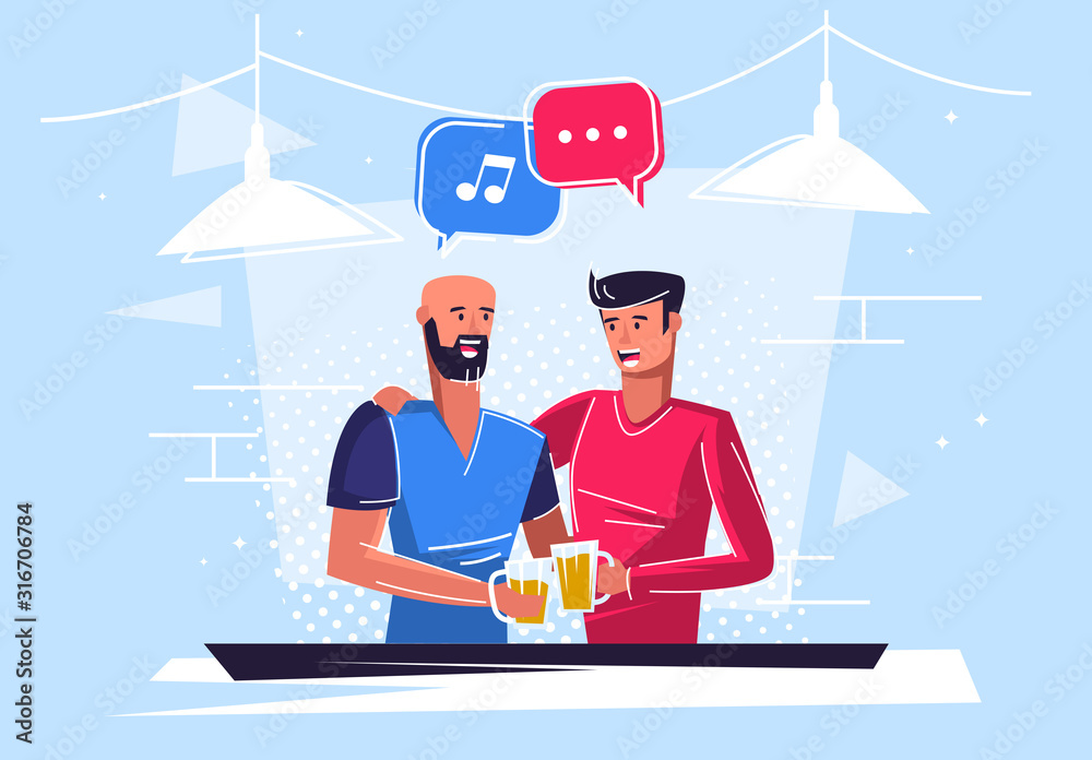 Vector illustration of two best friends drinking beer, fun company ...