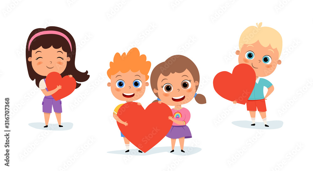 Happy cute kids with hearts. Girl and boy are smiling. Vector flat ...