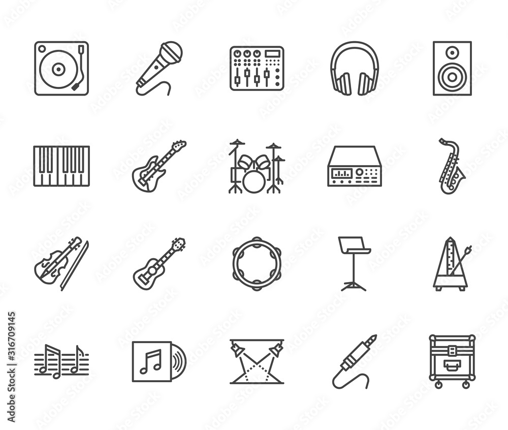 Musical instruments flat line icons set. Dj equipment, sound recording ...