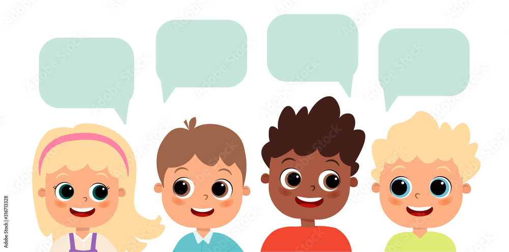 Vettoriale Stock Happy cute kids boys and girls dialog. Happy cute girl ...