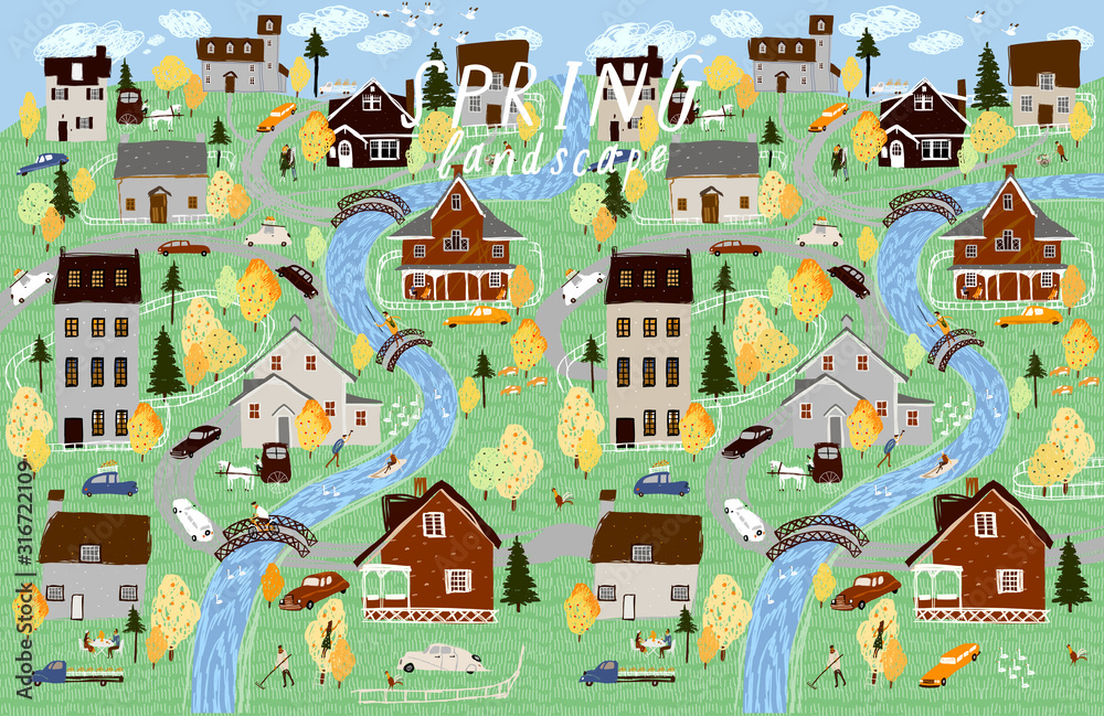 Spring landscape and nature. Vector cute panorama illustration of a ...