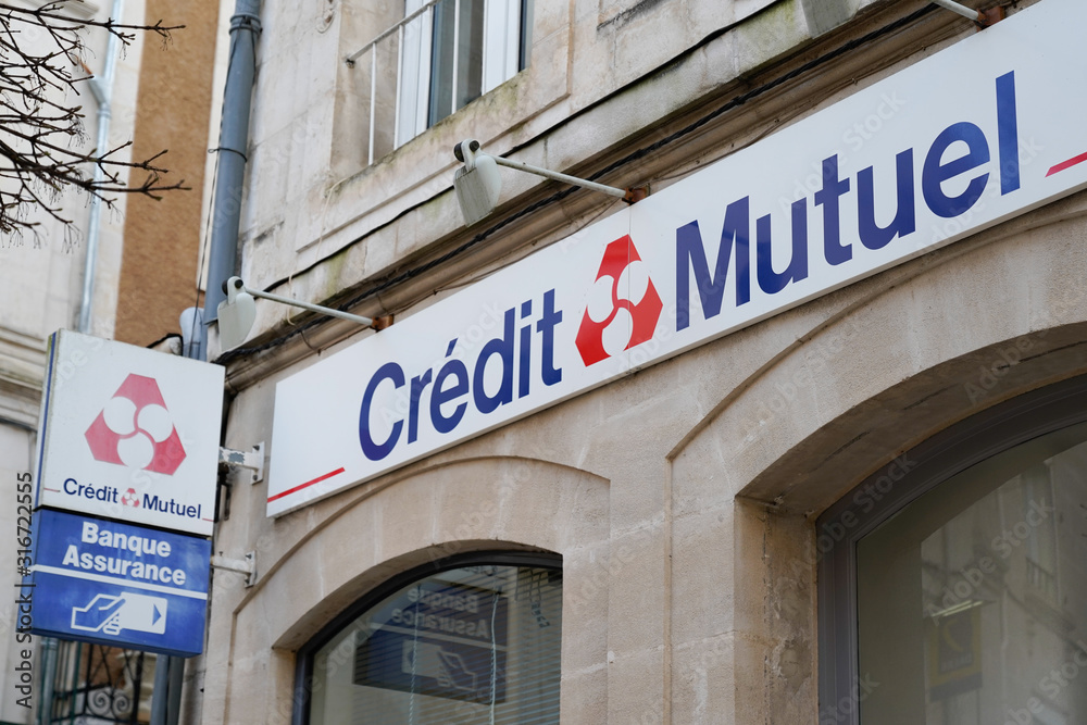 credit mutuel french sign bank logo office signage on building facade ...