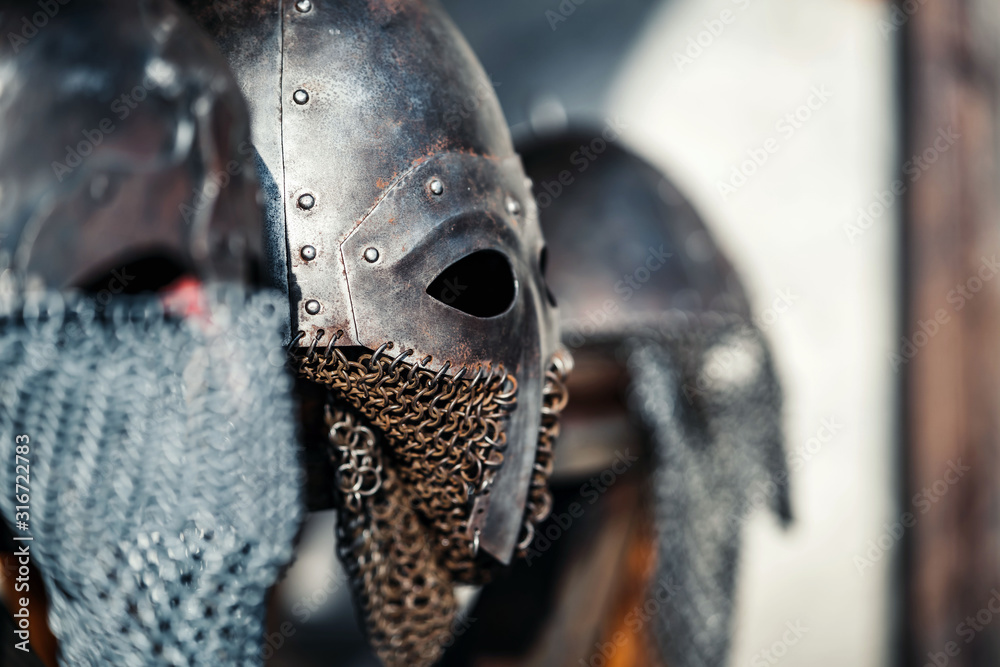 Profile of medieval old knightly helmets for protection in battle ...