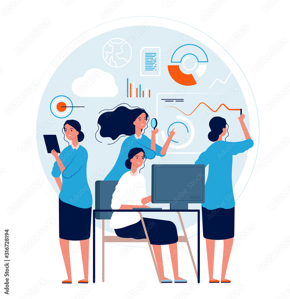 Woman multitask. Business lady action poses making many projects tasks ...