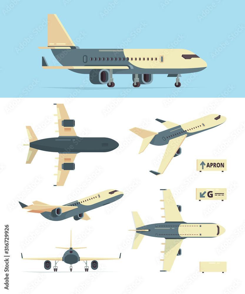Civil aviation plane. Model of different airplanes views aircraft ...